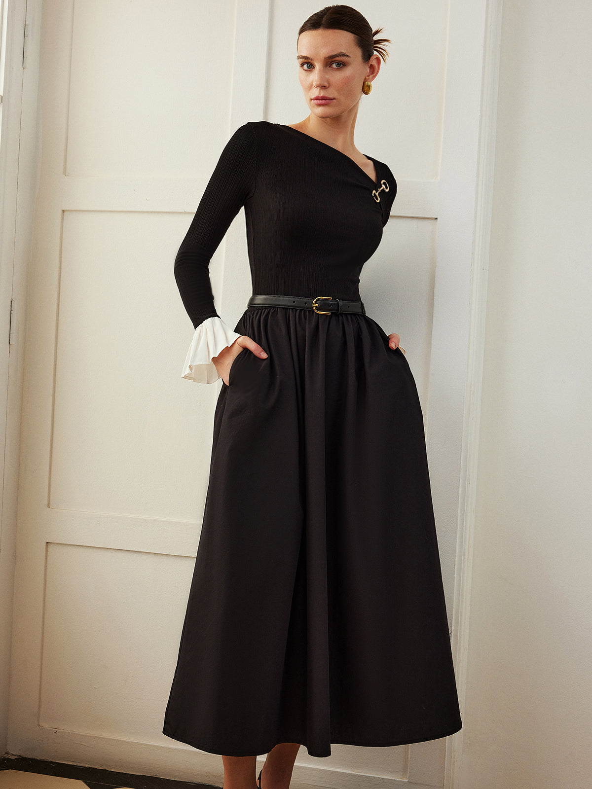 Ruffle-Cuff Panel Pockets Dress Without Belt | COMMENSE